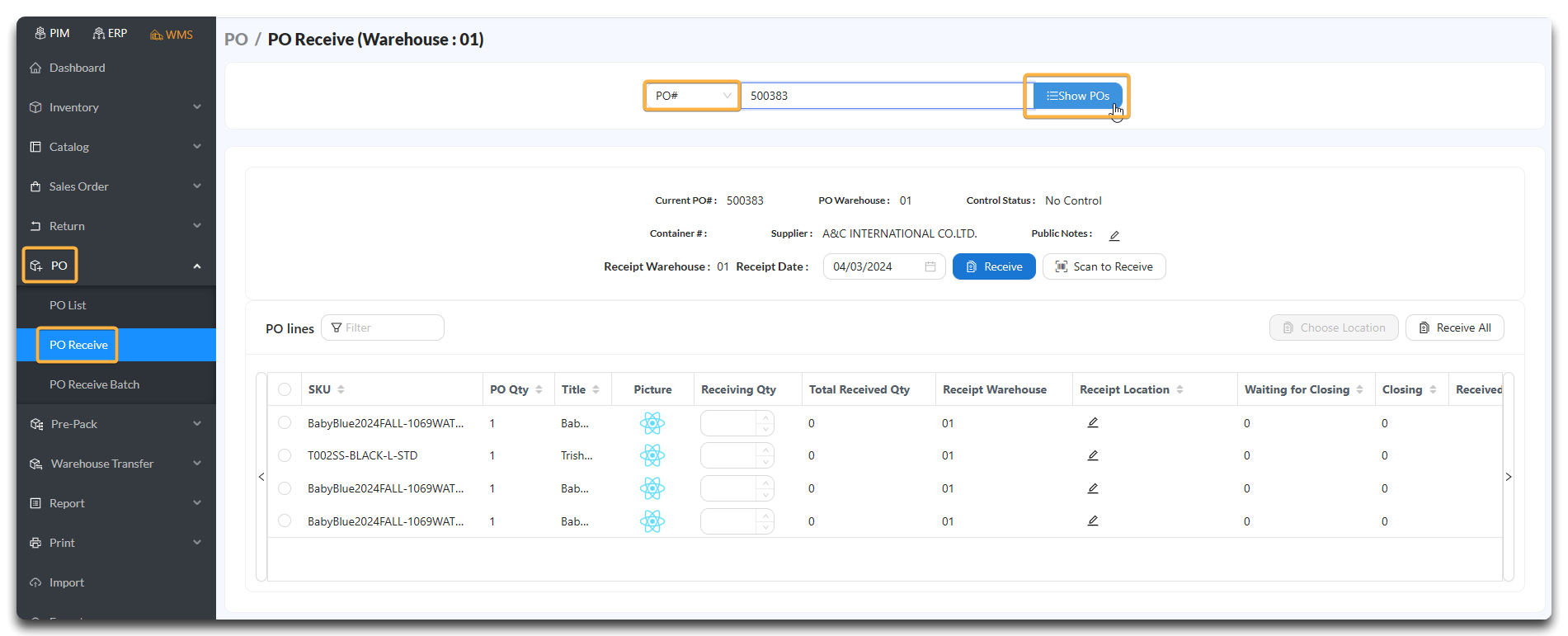 How do I receive a Purchase Order in WMS?