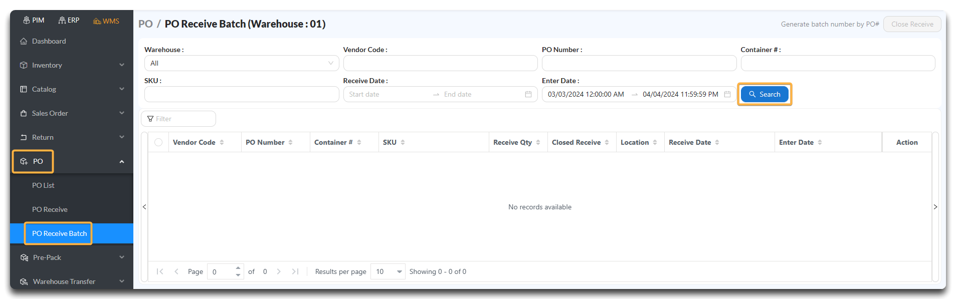 How do I manage Purchase Order Receive Batches?