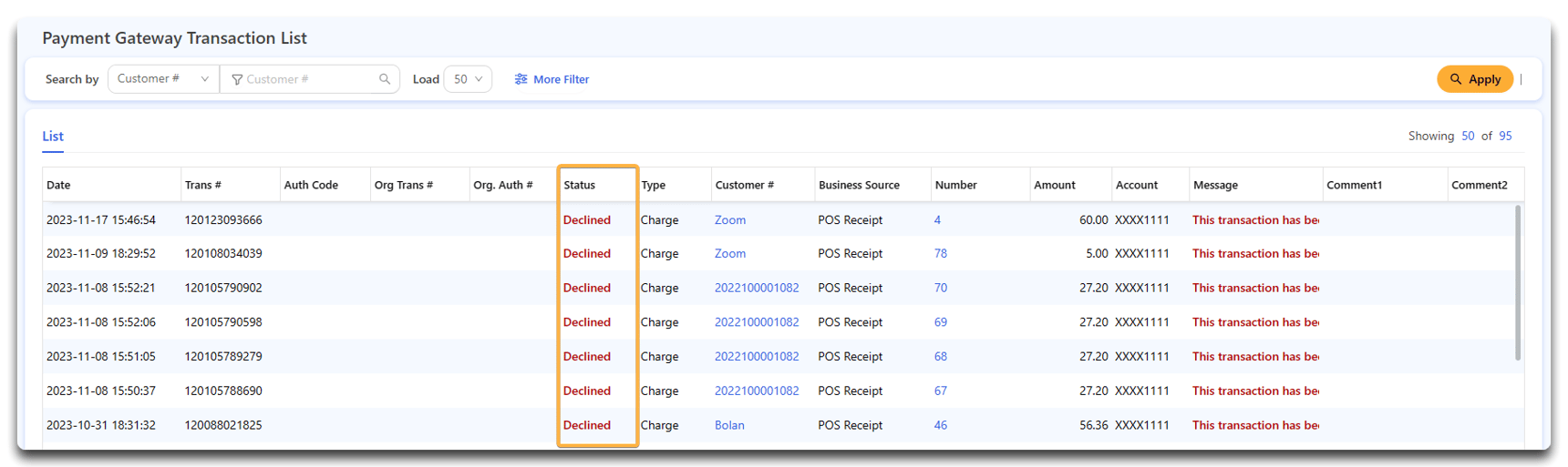 How do I find all declined transactions?