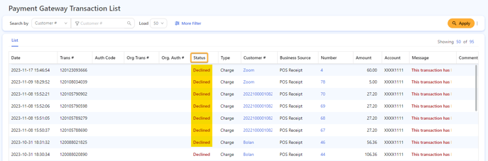 How do I find all declined transactions?