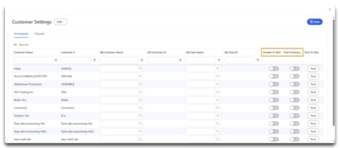How can I disable the QuickBooks connection for a customer or channel?