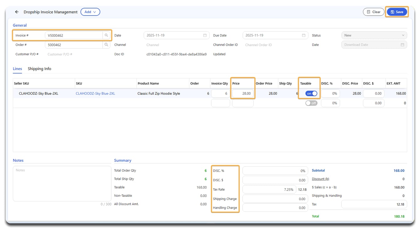 How do I create shipments and invoices for a dropship order?