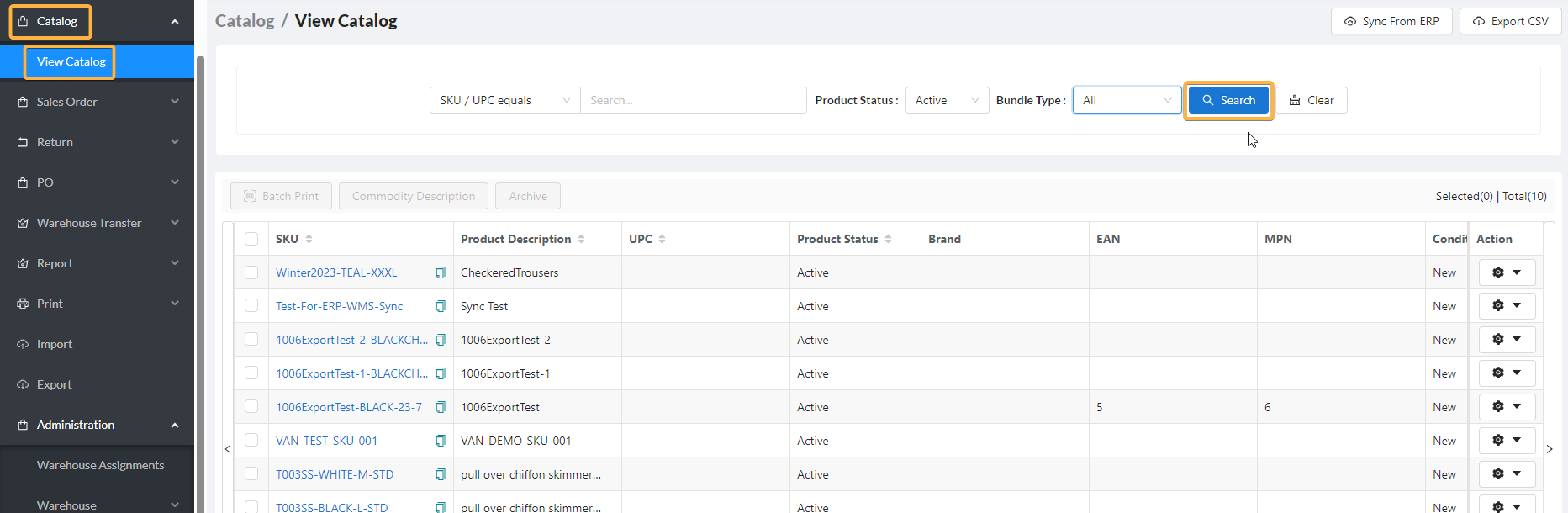 How can I search products/items in WMS?