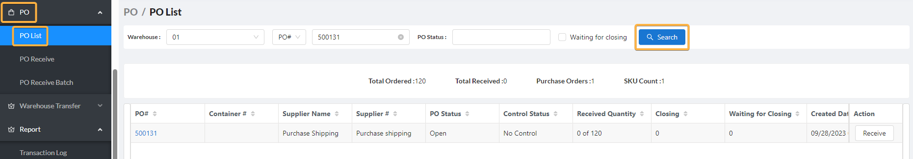 How do I receive a Purchase Order in WMS?