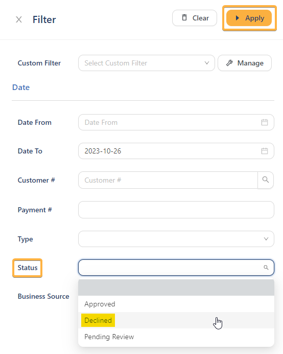 How do I find all declined transactions?